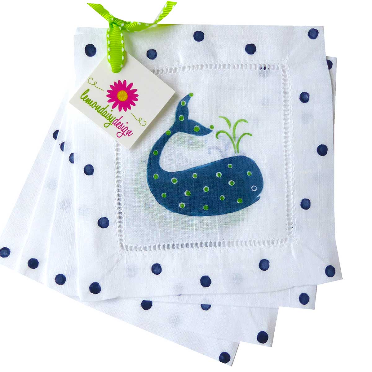 Blue & Green Whale Linen Cocktail Napkins | Lemondaisy Design