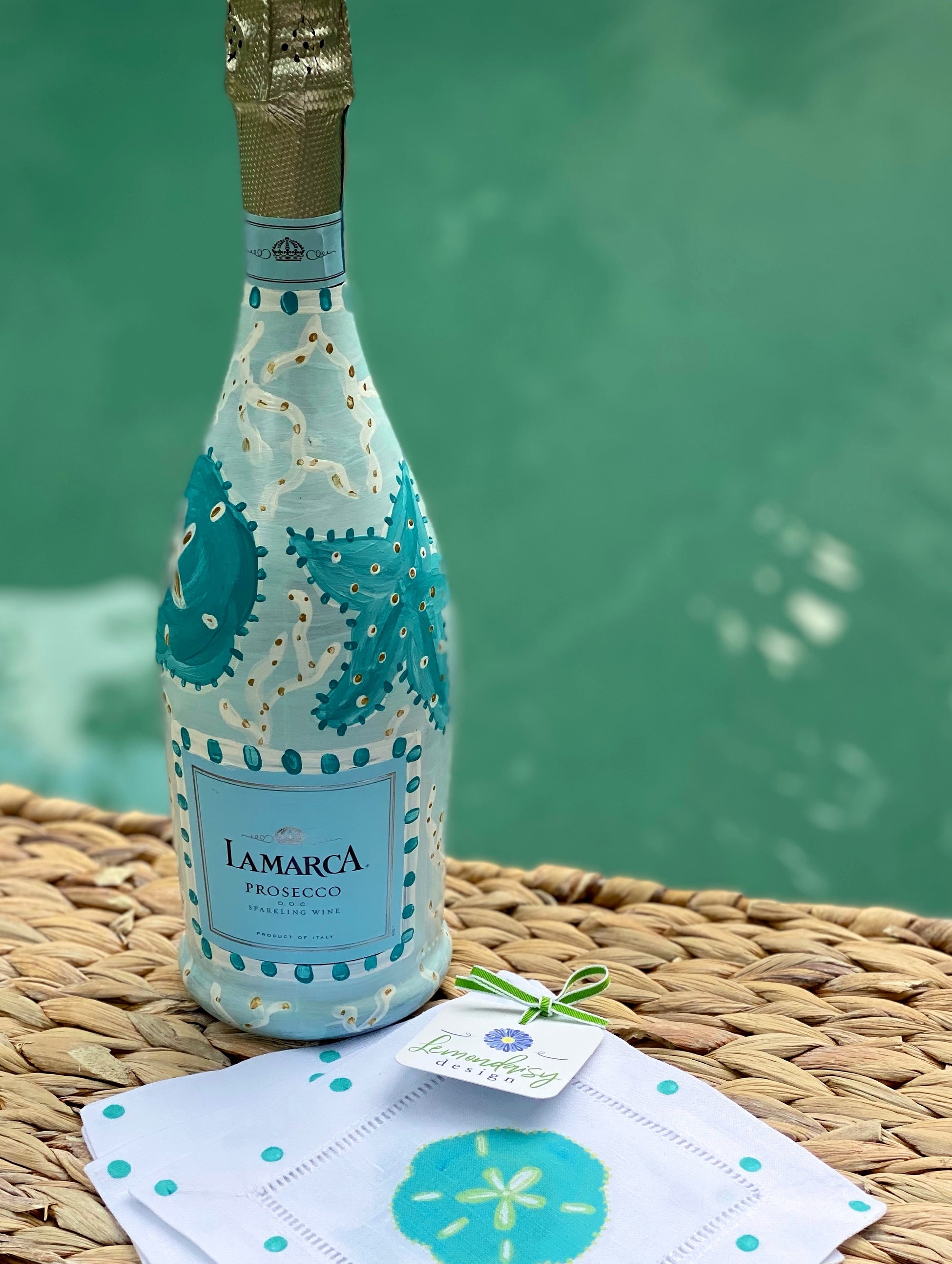 Handpainted Aqua Sea Shell Prosecco Bottle| | Lemondaisy Design